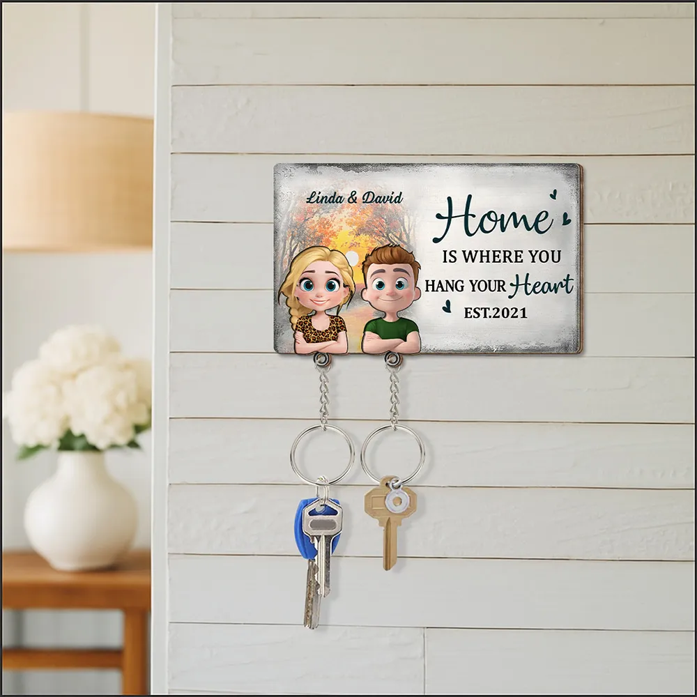 Home Is Where You Hang Your Heart - Personalized Custom Wooden Key Hol ...